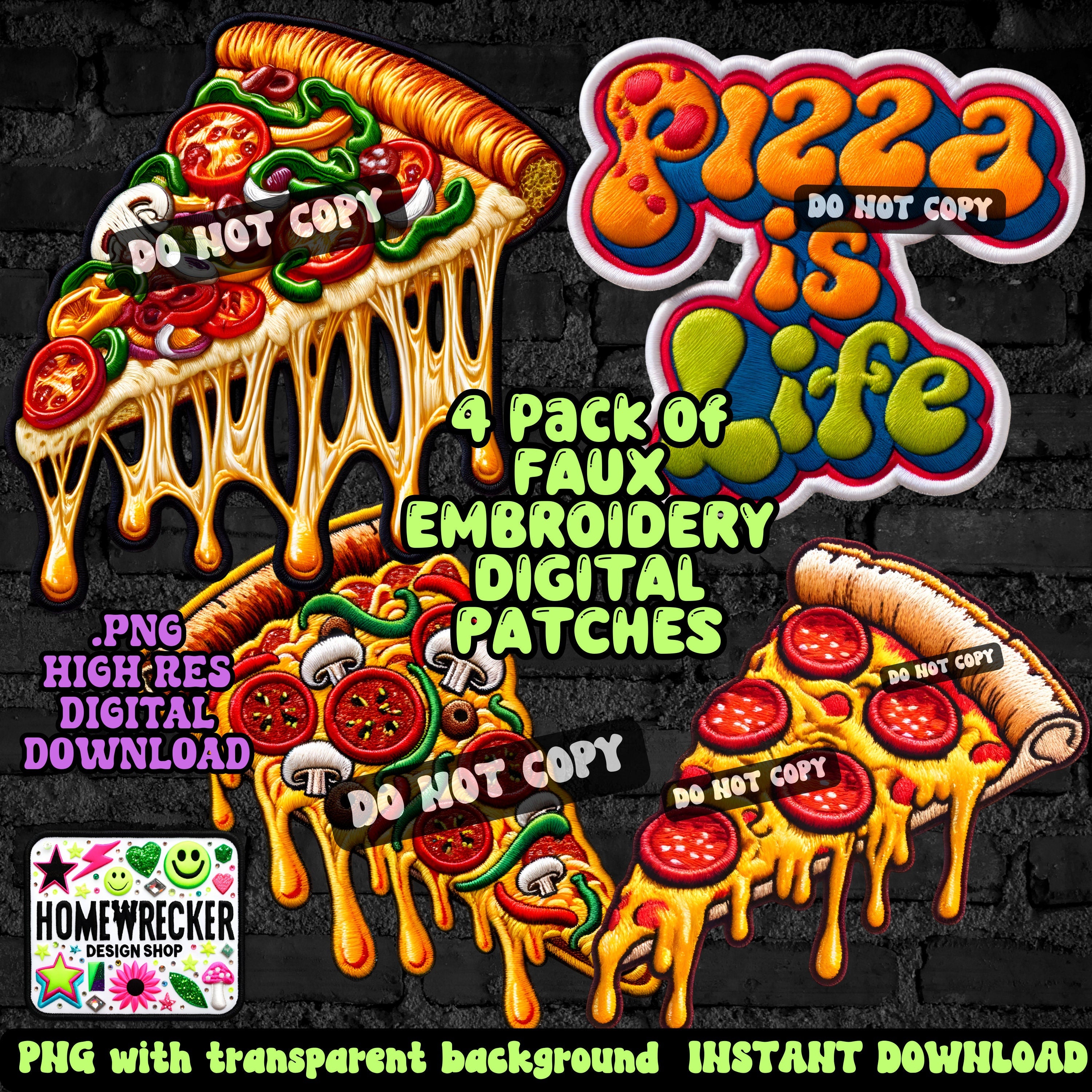 Pizza bundle Faux embroidery faux digital patches, pizza bundle, png ...