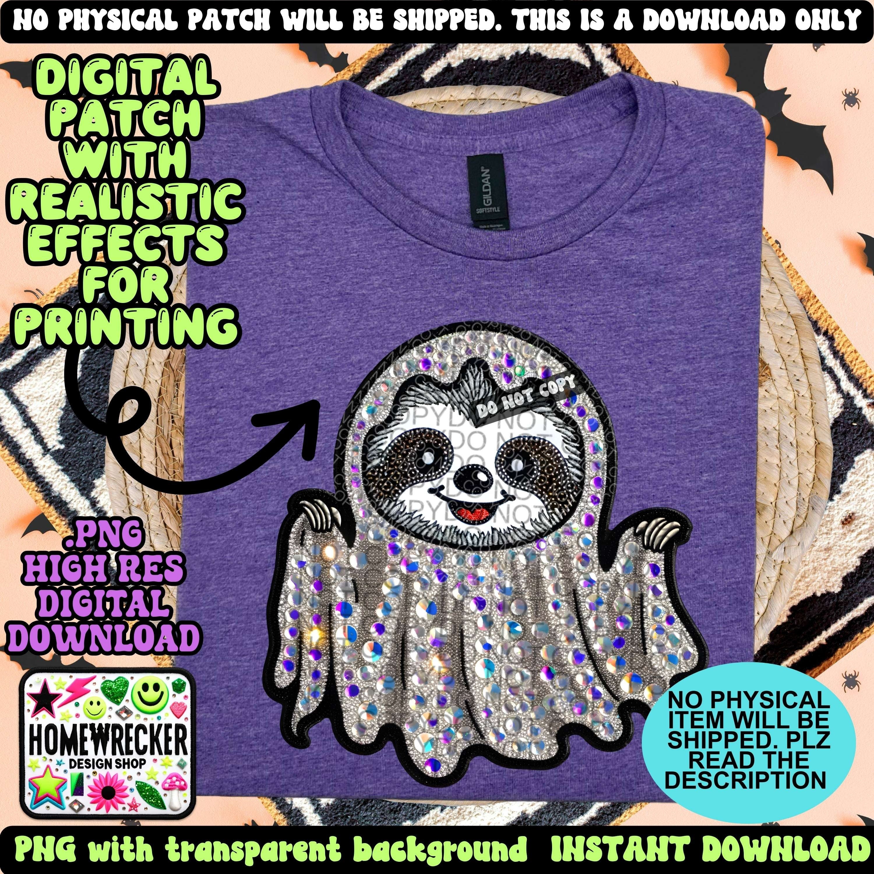 Halloween Sloth digital rhinestone patch, faux embroidery, digital pat ...