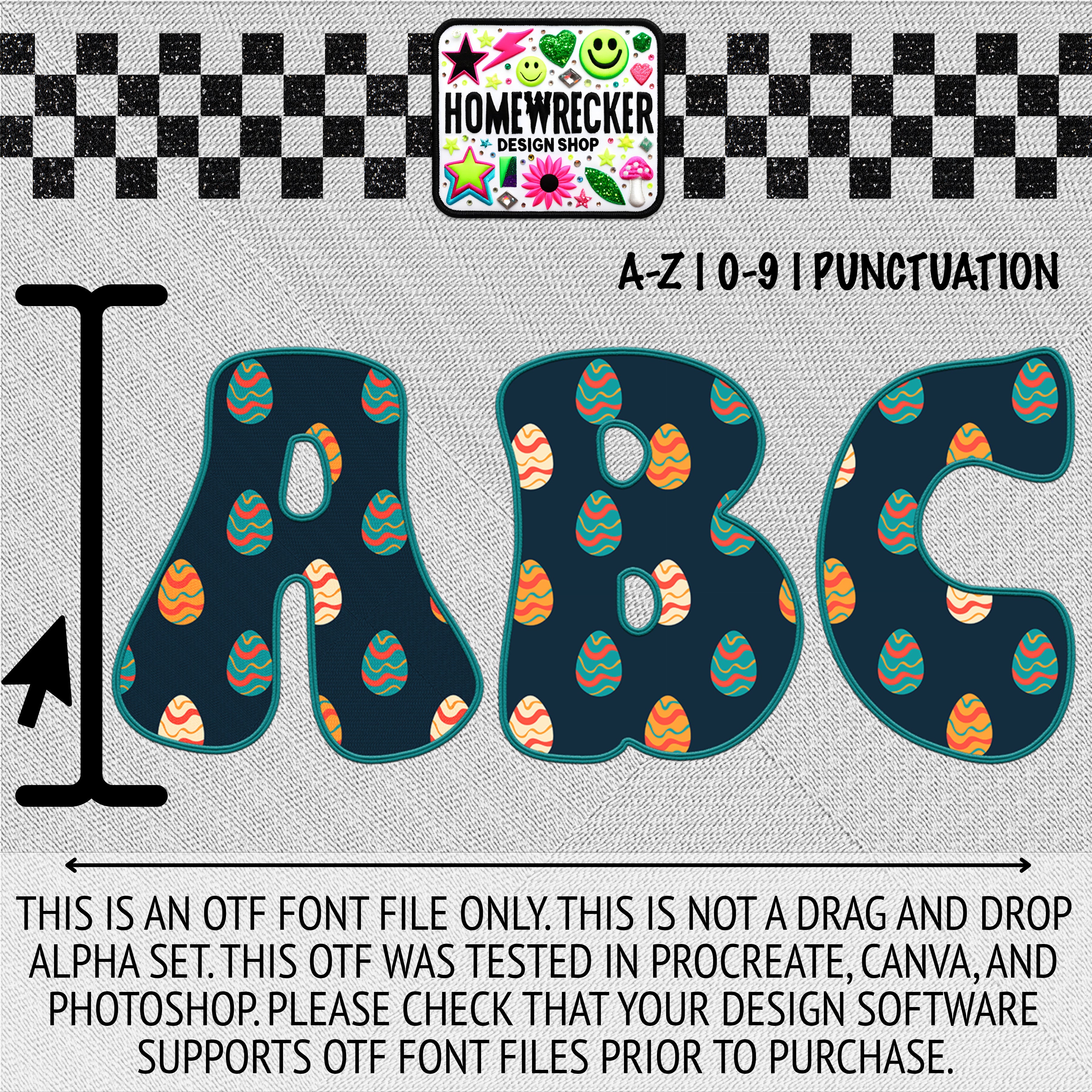 Dark Teal Easter Eggs OTF Font, Faux Embroidery, Groovy Letter Style O ...
