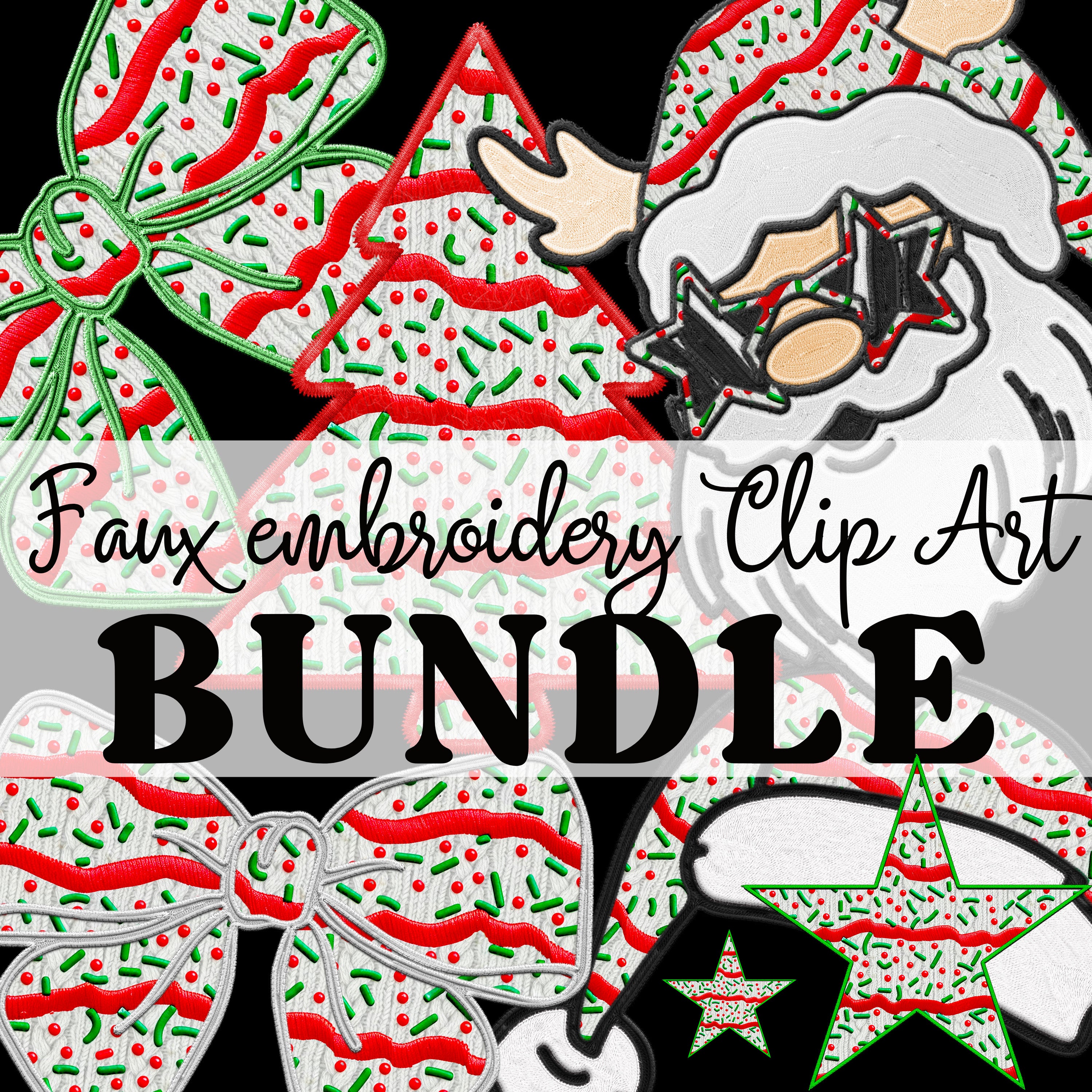 Xmas Tree Cake 15pc Faux Embroidery Clipart Bundle + 2 OTF Fonts ...