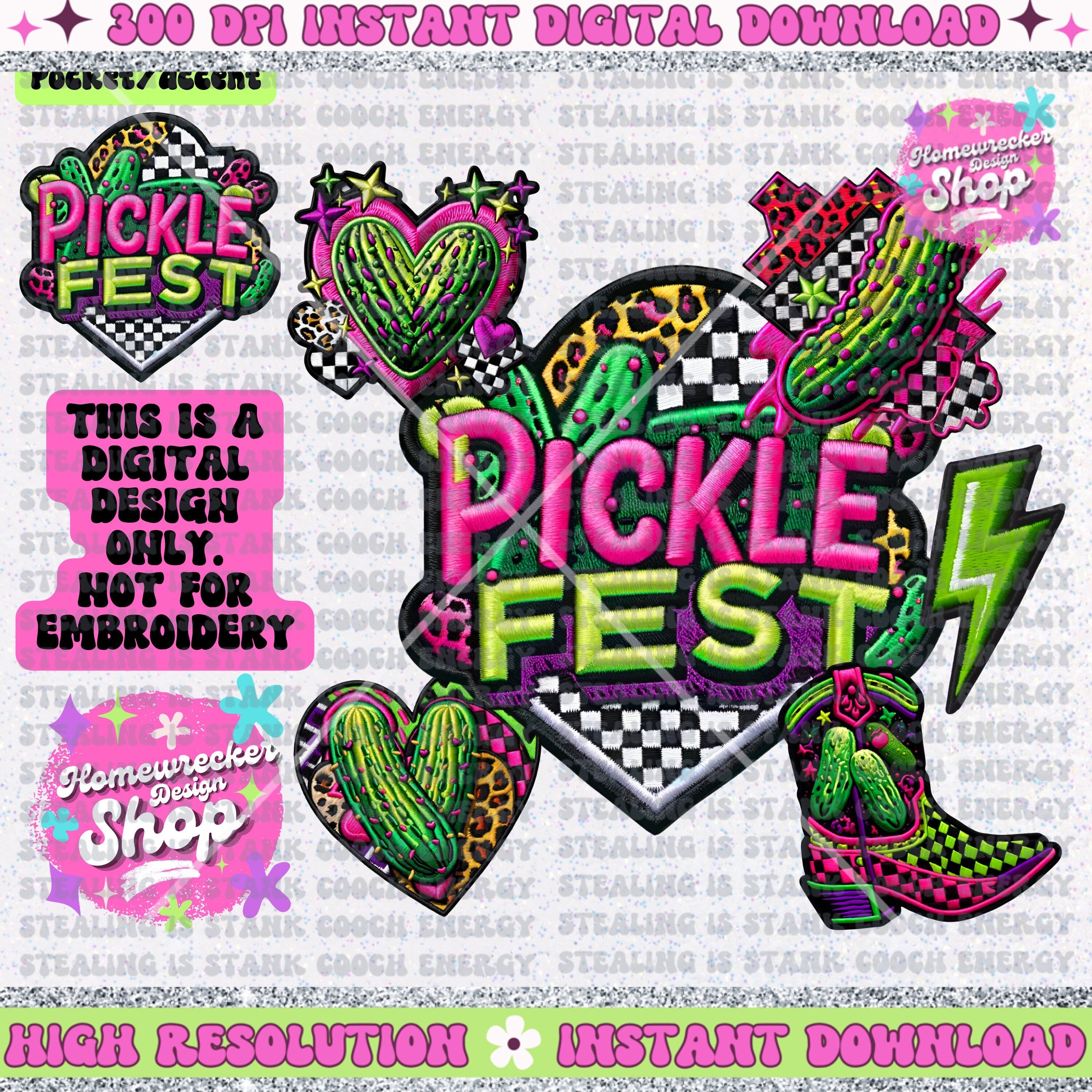 Pickle Fest, Neon, summer festival, stacked FAUX embroidery patch desi ...