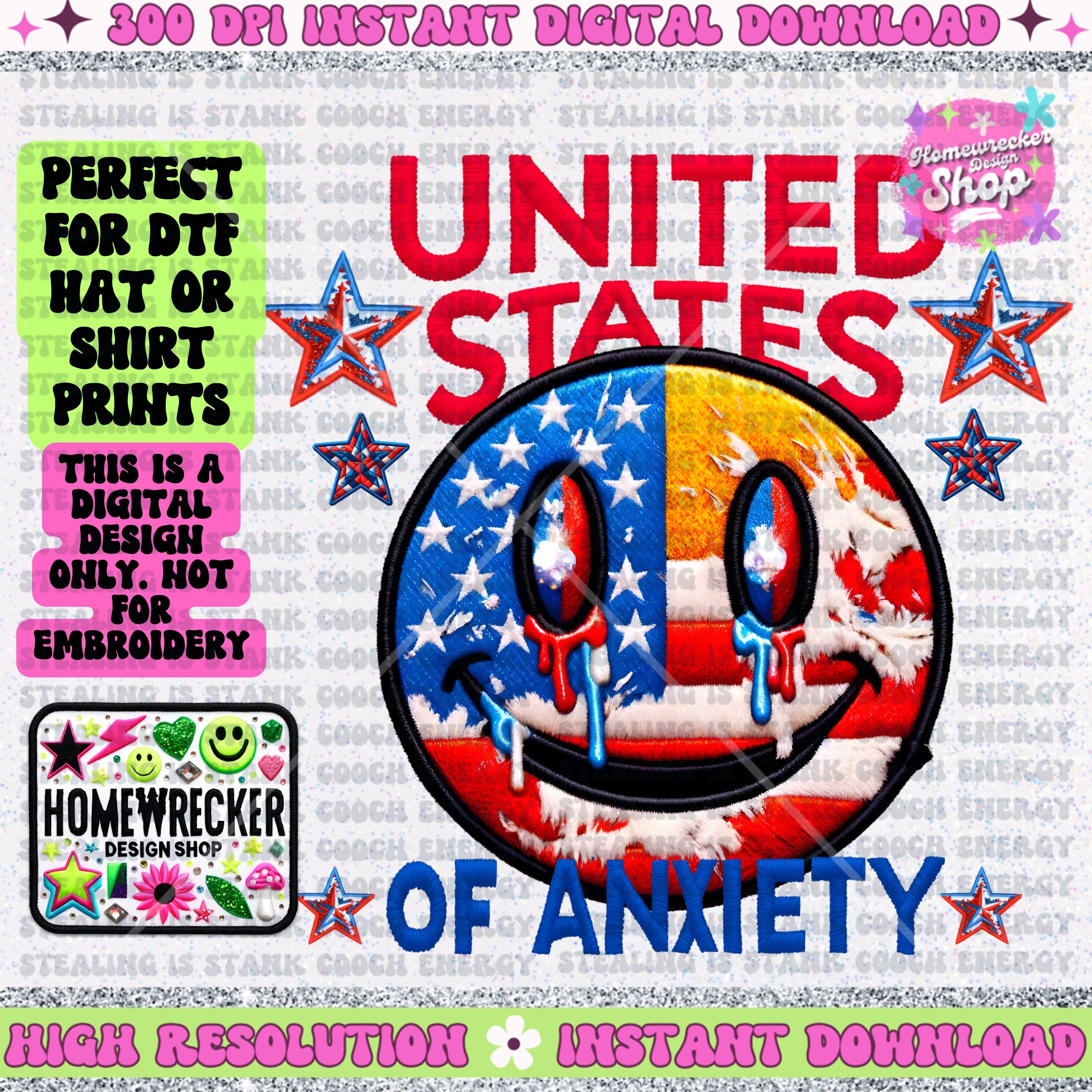 United States of Anxiety, FAUX embroidery patch, hat patch, shirt desi ...