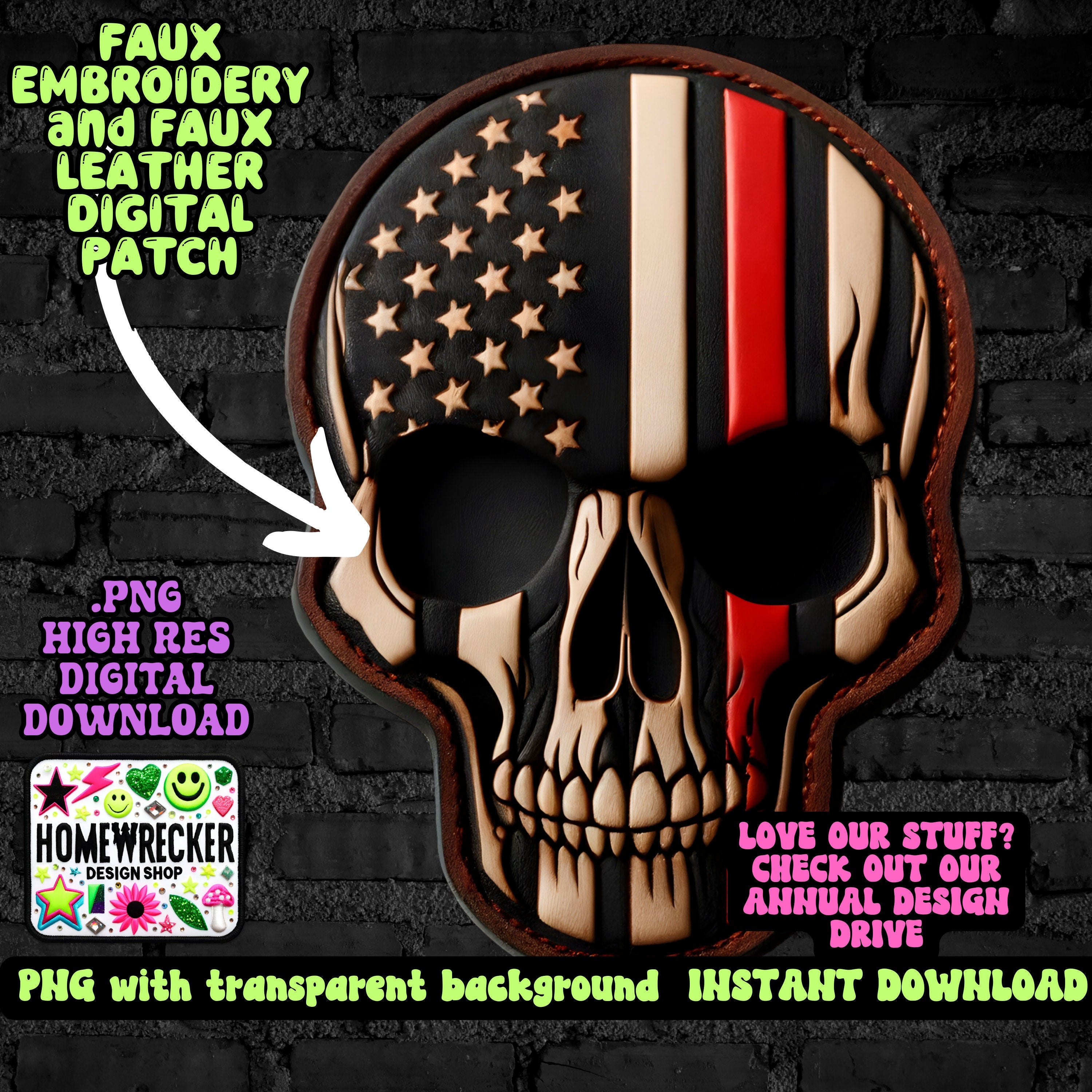 Thin red line Skull Flag Faux hat patch, firefighter, faux leather pat ...