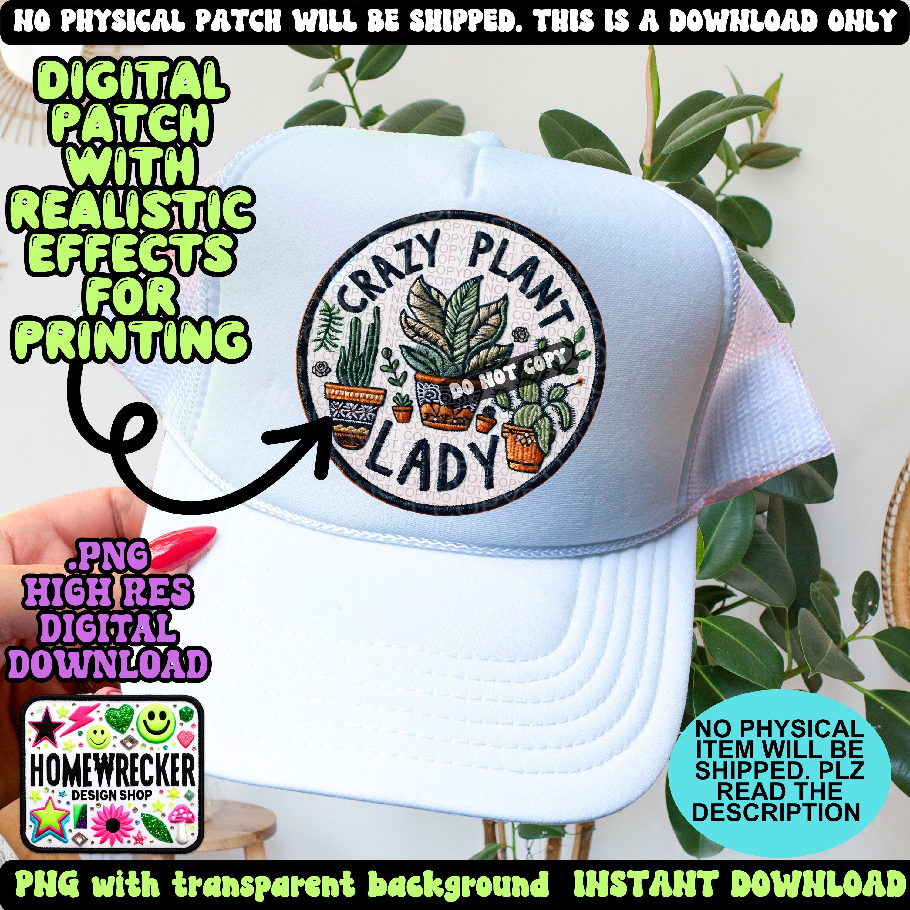 Crazy plant lady digital patch, printable FAUX embroidery digital patc ...