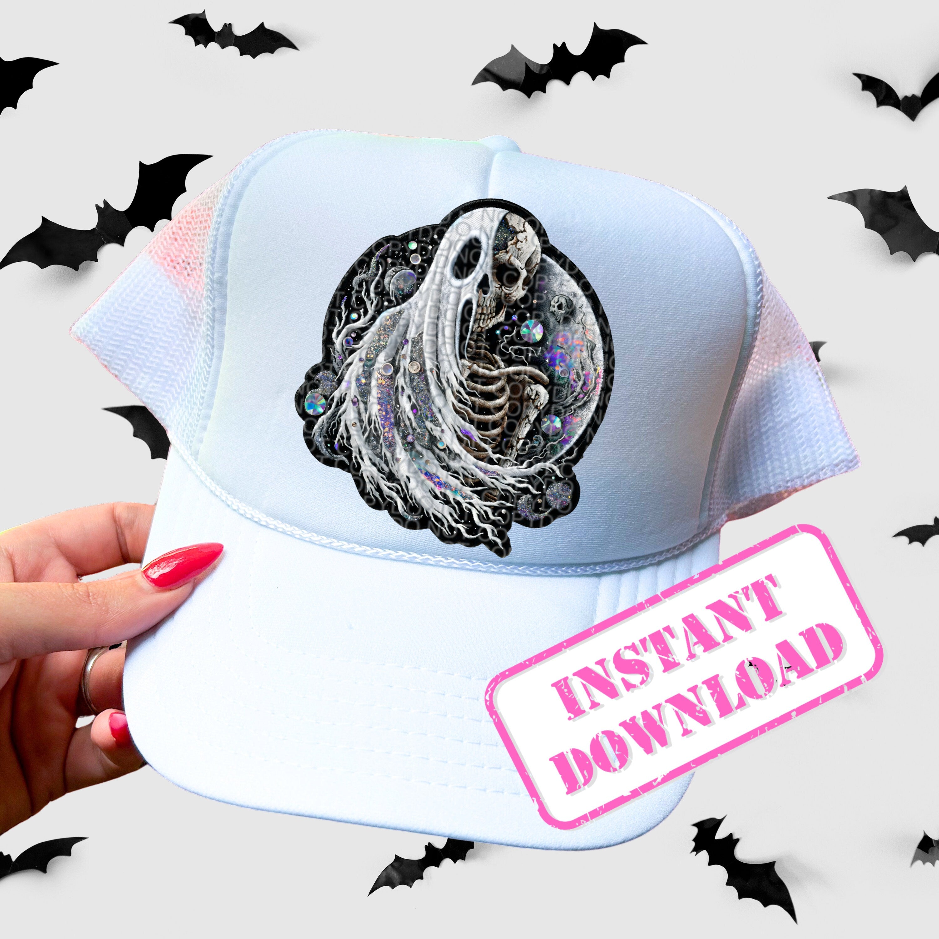 Half ghost half skeleton digital patch, faux embroidery, spooky season ...