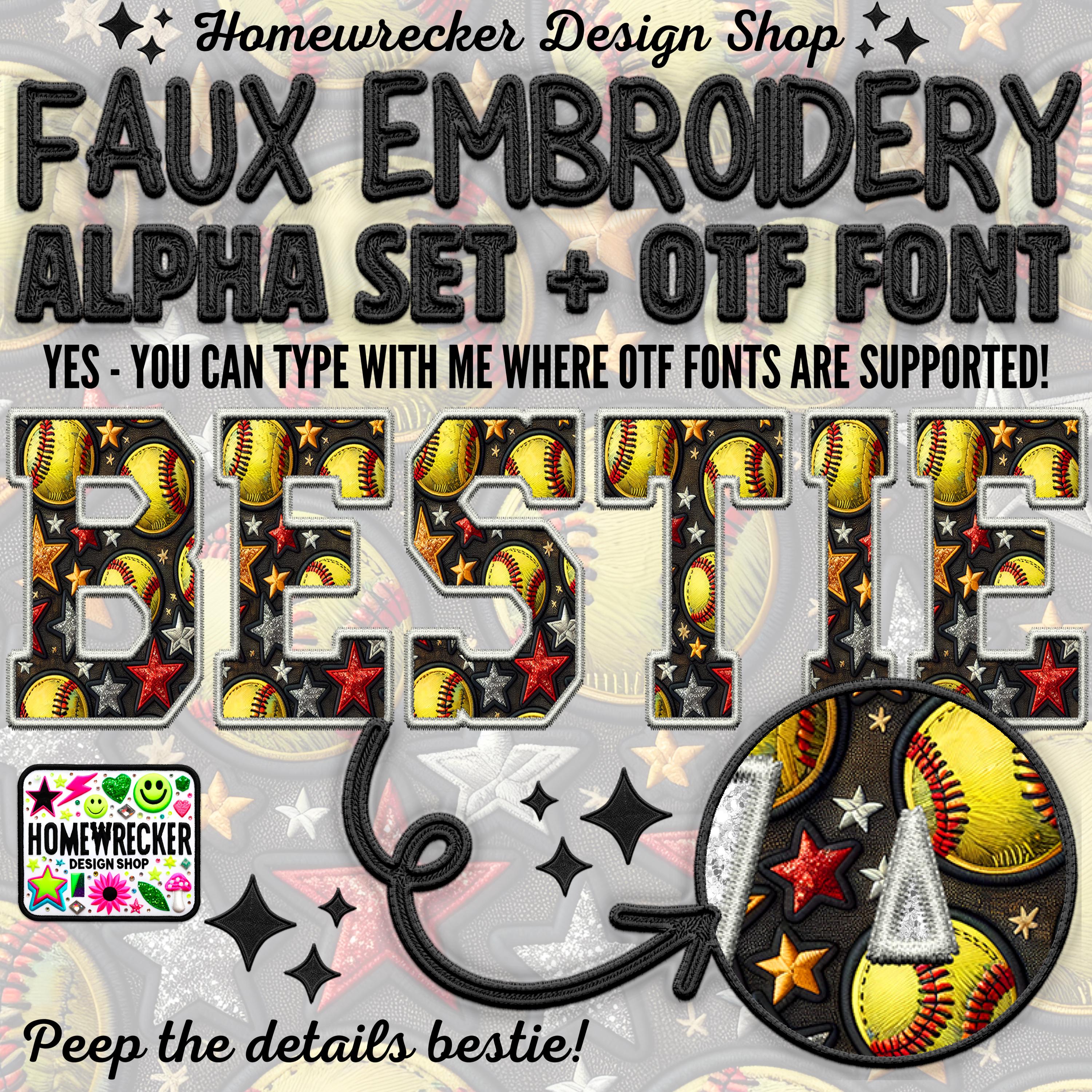 Softball Digital Alpha Set, OTF Font, Faux Embroidery Alpha, Varsity L ...