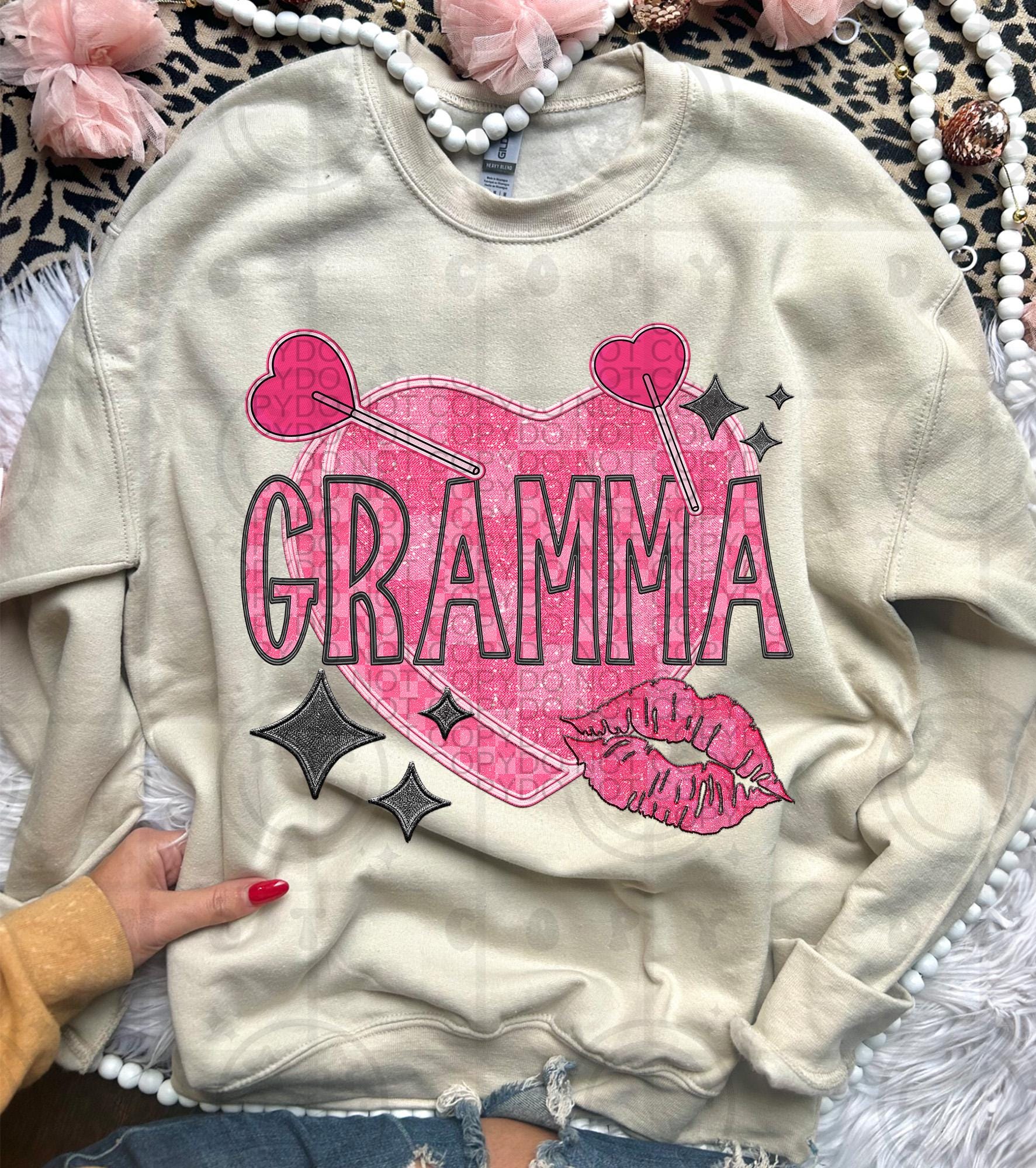 GRAMMA | Checkered Candy Heart Lips Name png | Faux Embroidery Detaile ...
